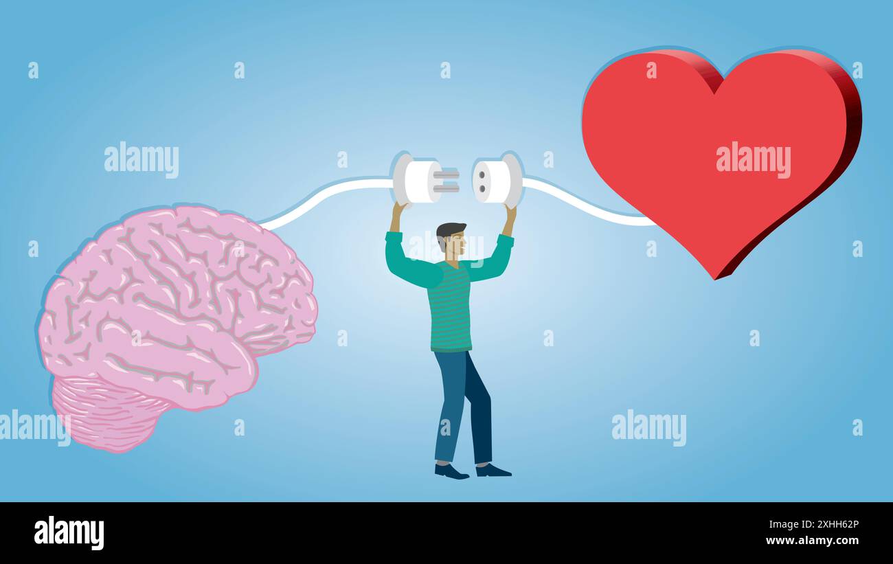 Man connecting brain with heart. Dimension 16:9. Vector illustration ...