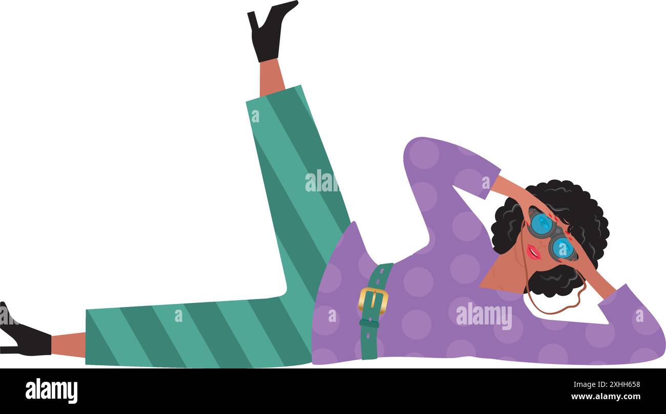 Girl with binocular laying in cool position. Searching, curiosity ...