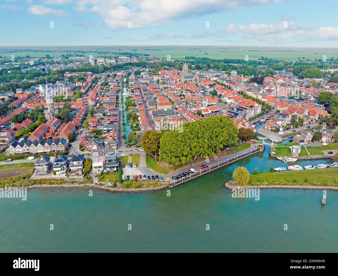 Aerial from the traditional town Schoonhoven at the river Lek in the ...