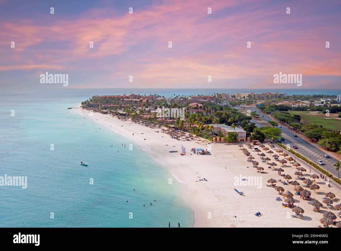Aerial from Druif Beach on Aruba island in the Caribbean Sea at sunset ...