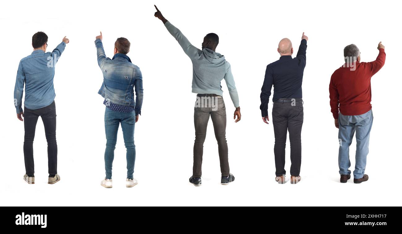 back view of a group of a men pointing up on white background Stock ...
