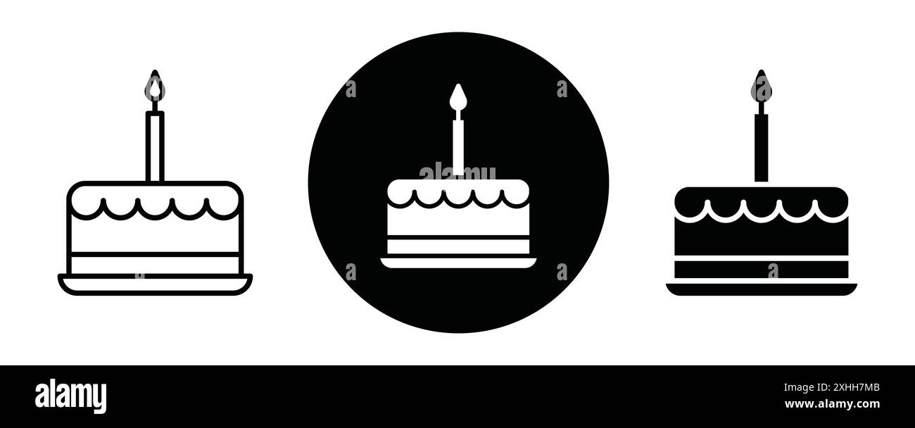 Birthday cake icon Black line art vector in black and white outline set ...