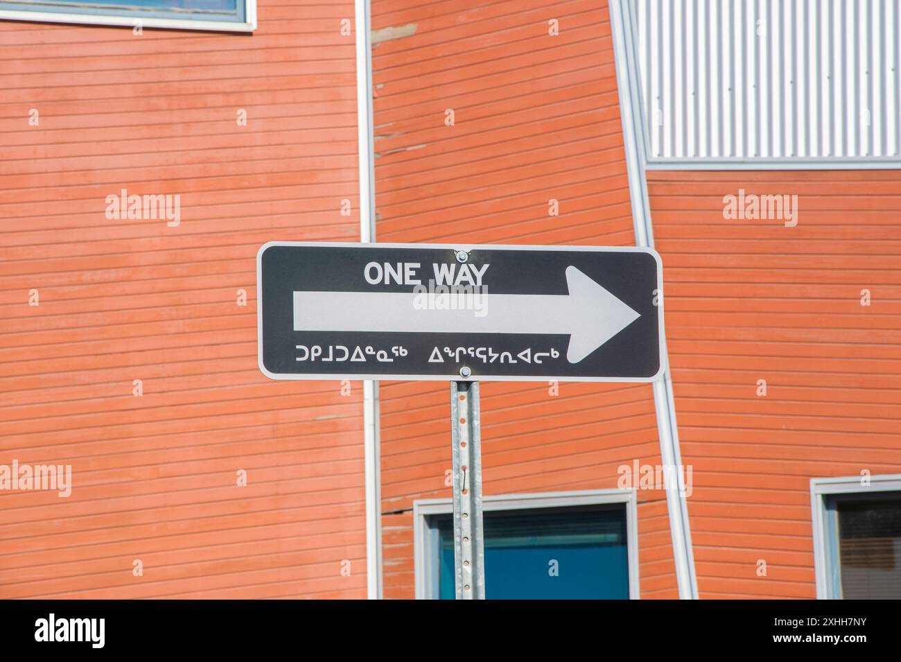 Bilingual one way sign in English and Inuktitut at Qikiqtani General ...