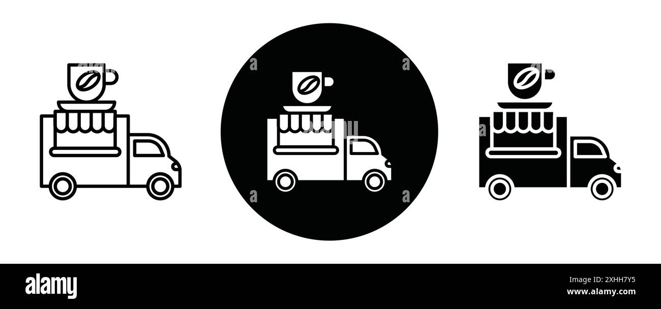 Coffee truck icon Black line art vector in black and white outline set ...