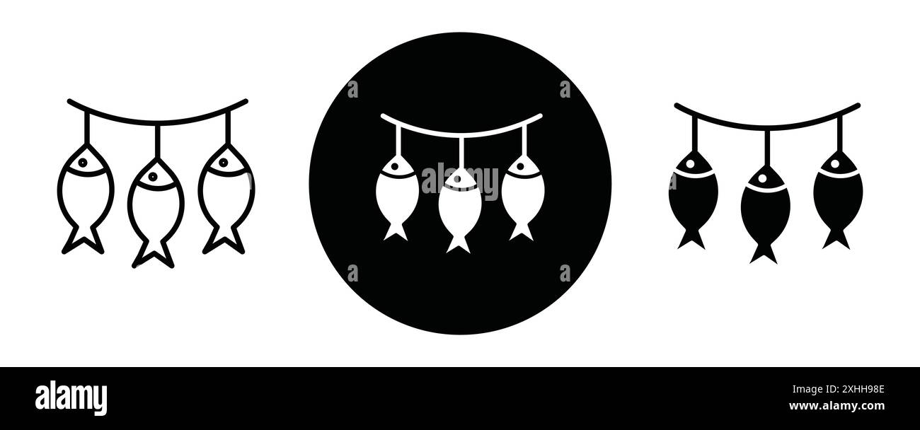 Dried fish icon Black line art vector in black and white outline set ...