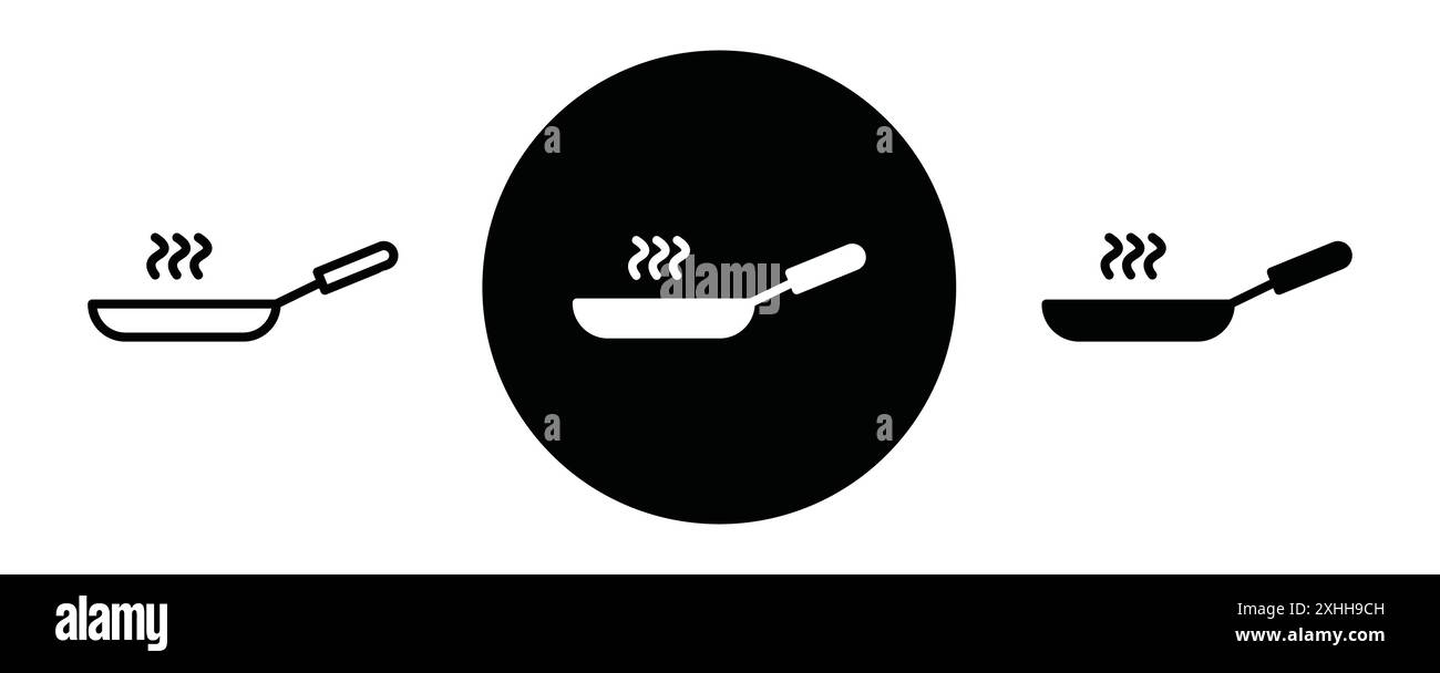 Frying pan icon Black line art vector in black and white outline set ...