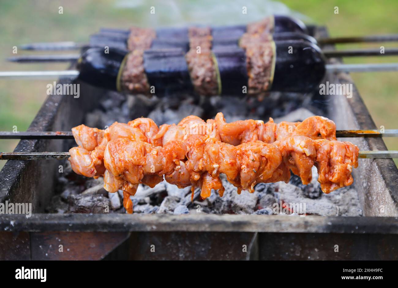 Eggplant kebab and chicken skewers cooked over coal fire Stock Photo ...