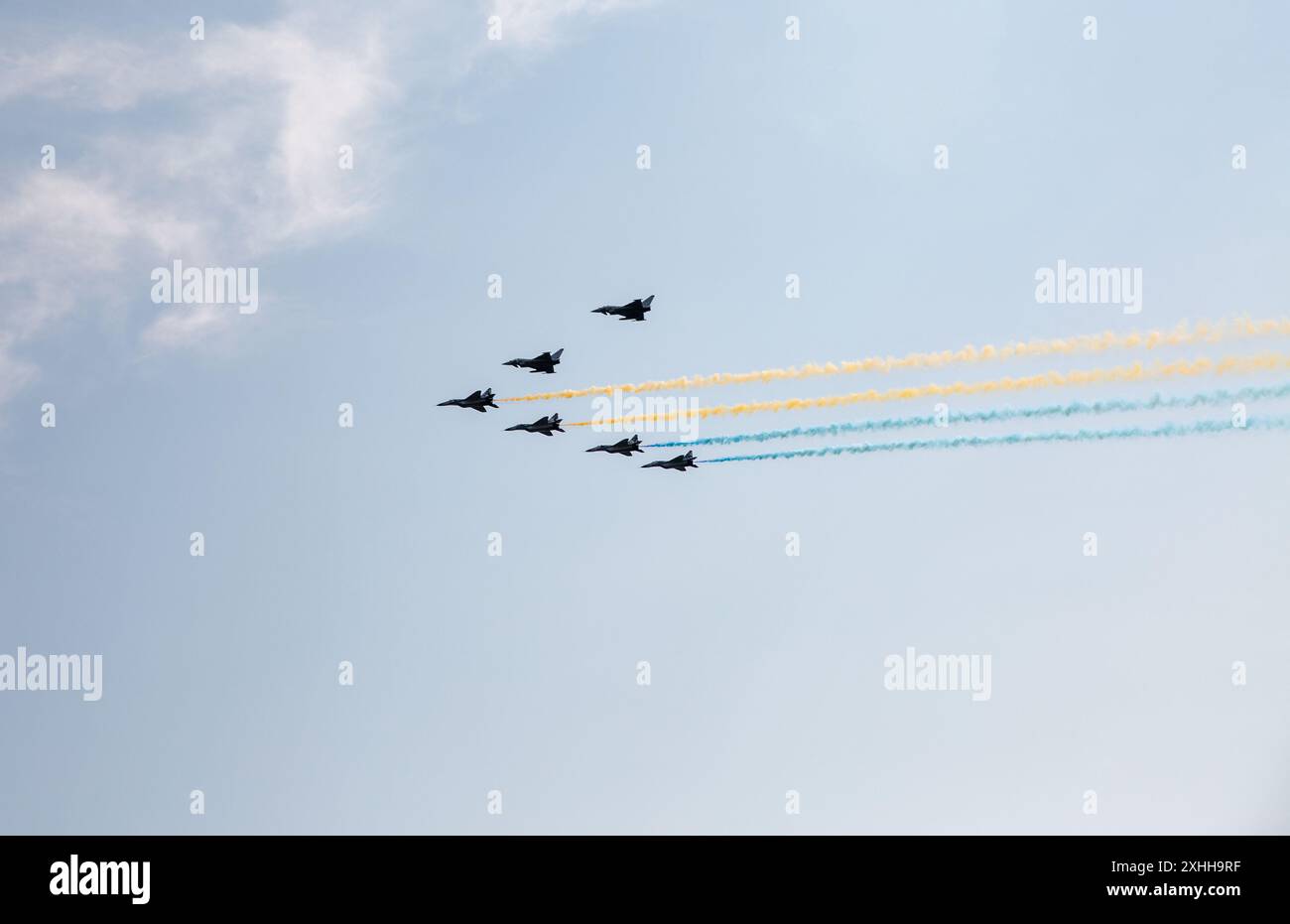 Kyiv, Ukraine - August 22, 2021: Group of flying military aircrafts ...