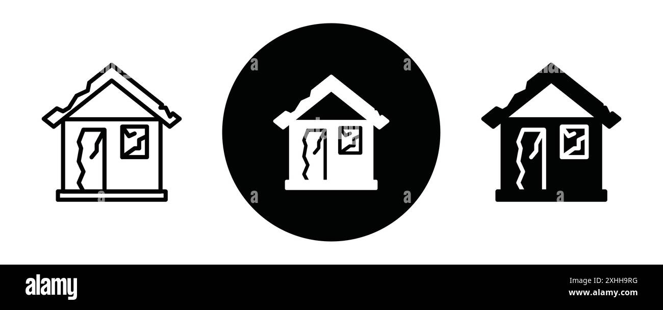 House damage icon Black line art vector in black and white outline set ...