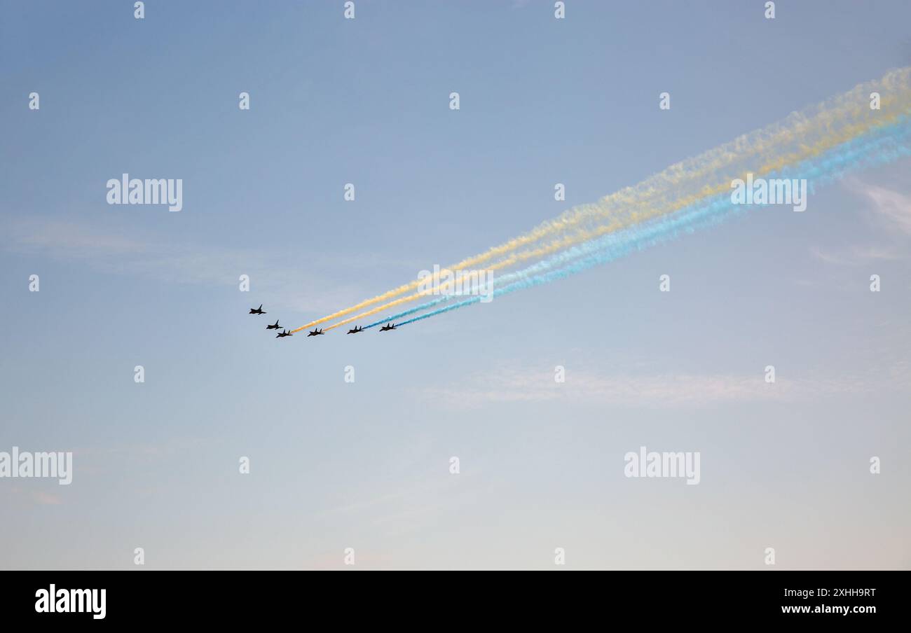 Kyiv, Ukraine - August 22, 2021: Group of flying military aircrafts ...