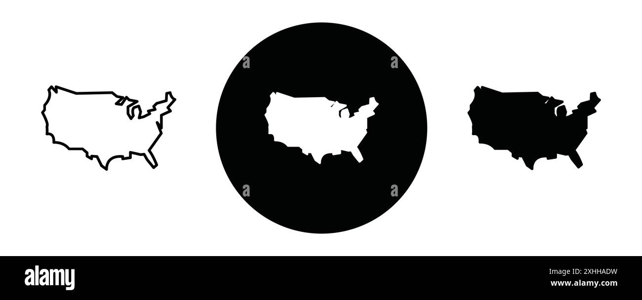 US map icon Black line art vector in black and white outline set ...