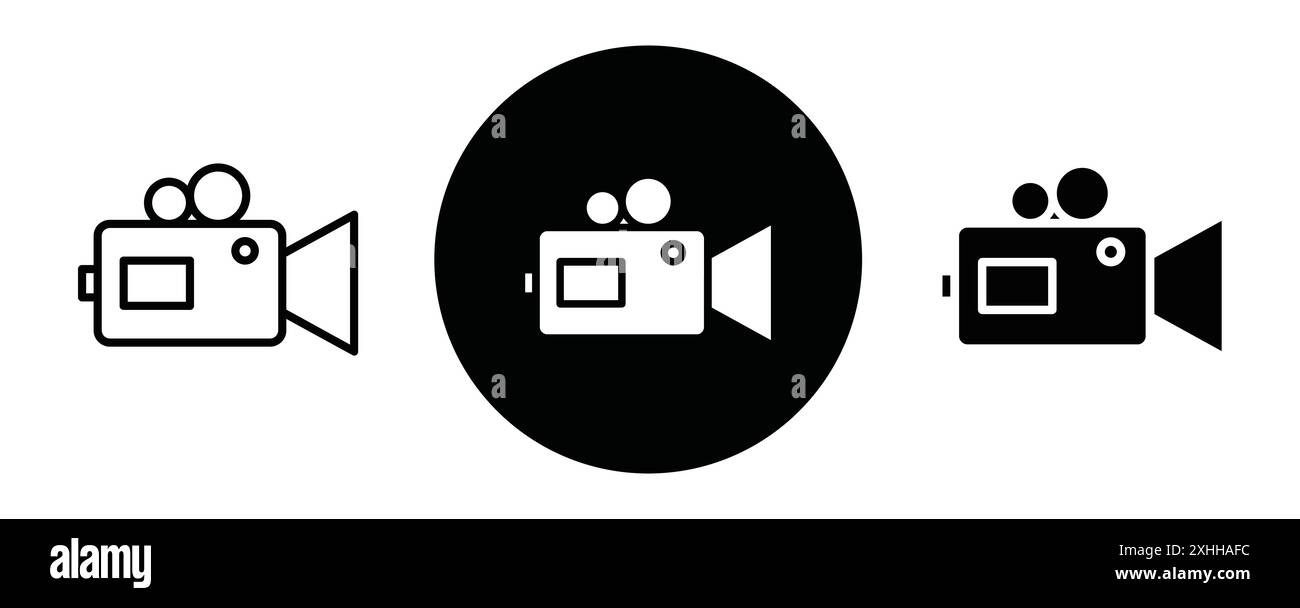 Video camera icon Black line art vector in black and white outline set ...