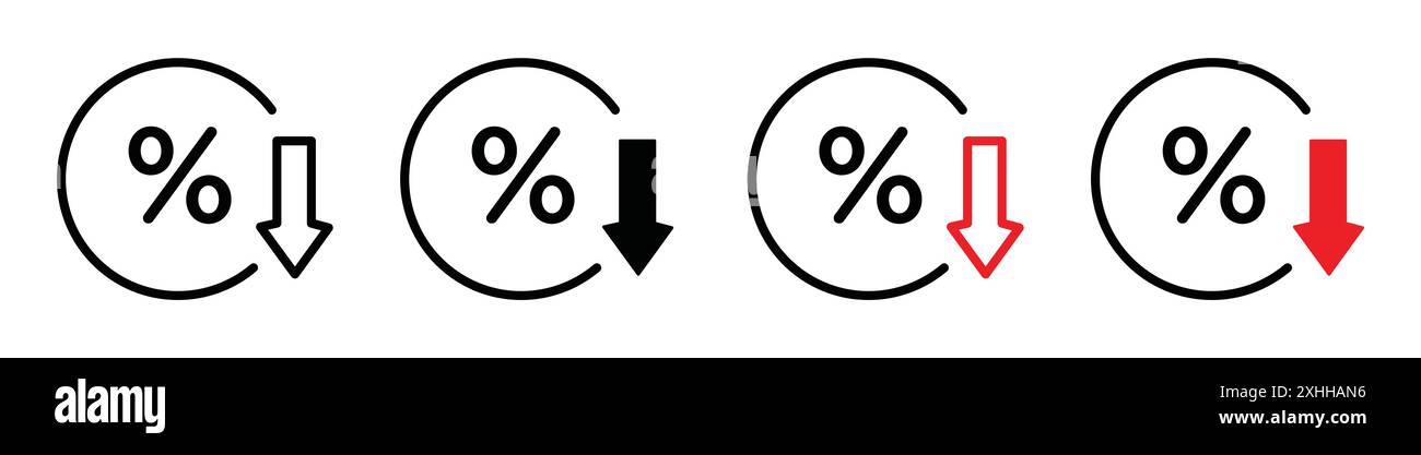 Interest rate reduction or percent down icon Black line art vector in black and white outline ...