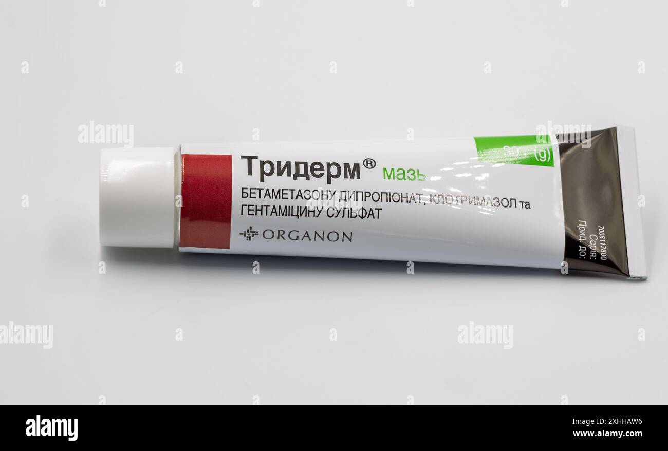 Kyiv, Ukraine - May 28, 2024: Studio shoot of Triderm Organon ointment ...