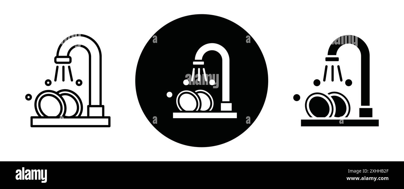 Plate washing icon Black line art vector in black and white outline set ...