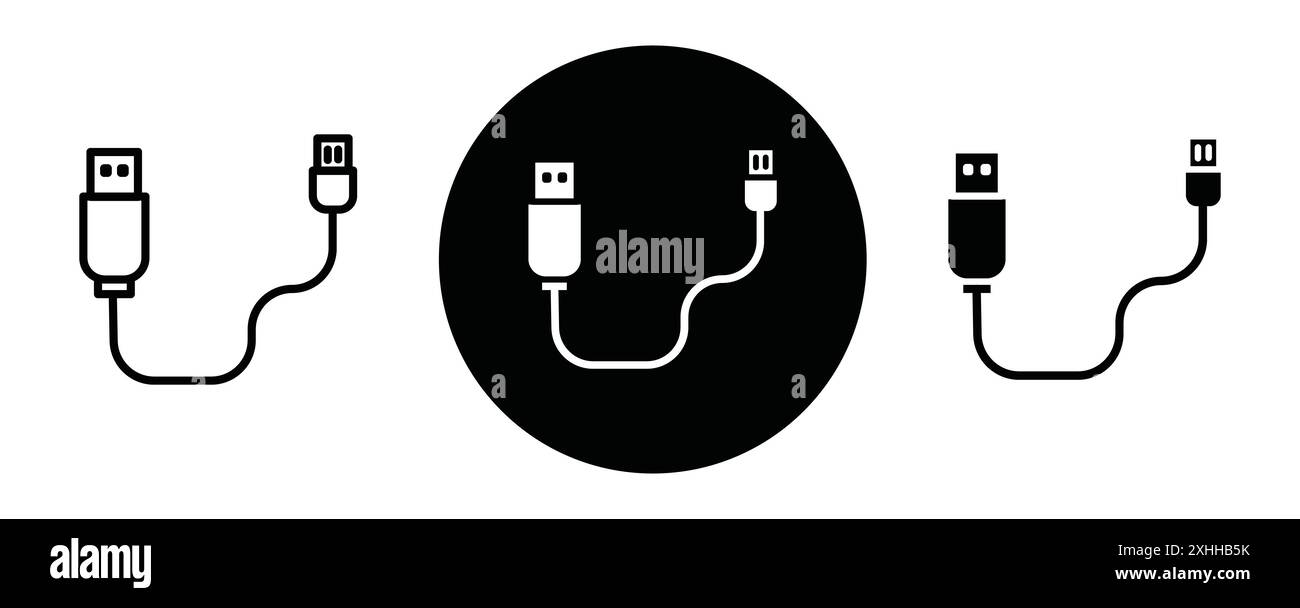 Plug USB cable icon Black line art vector in black and white outline ...