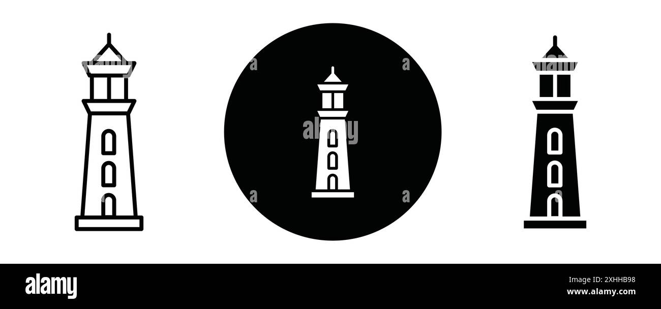 Searchlight tower icon Black line art vector in black and white outline set collection sign ...