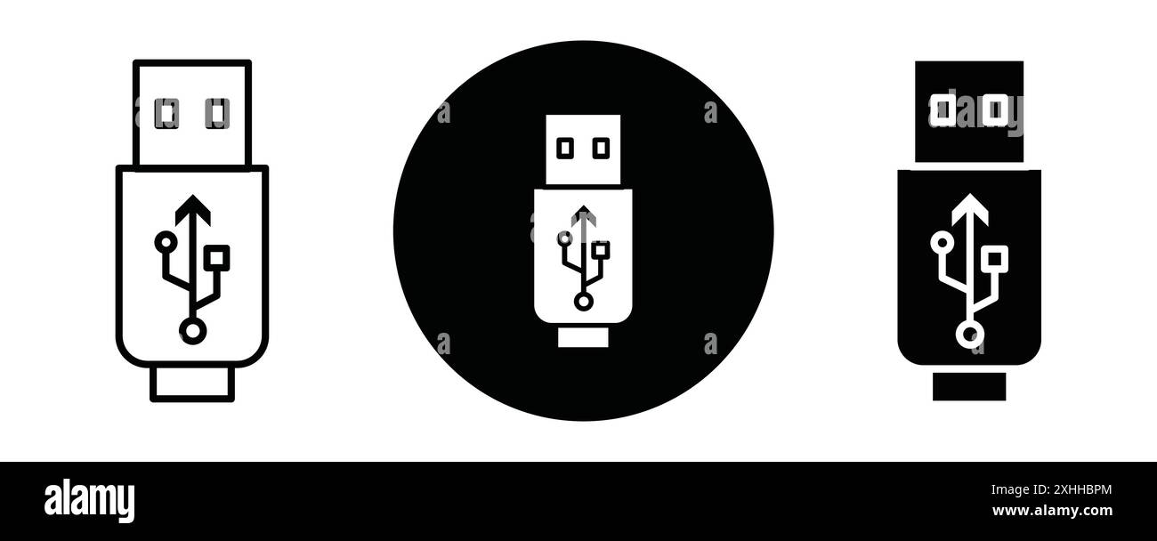 USB icon Black line art vector in black and white outline set ...