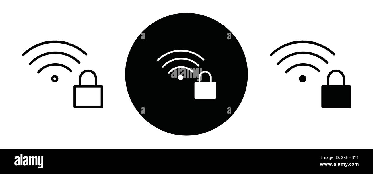 Wifi security icon Black line art vector in black and white outline set ...
