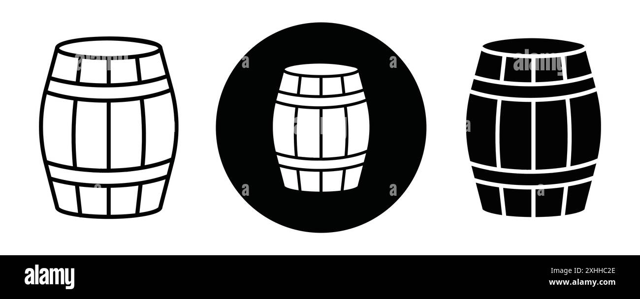 Wooden barrel icon Black line art vector in black and white outline set ...