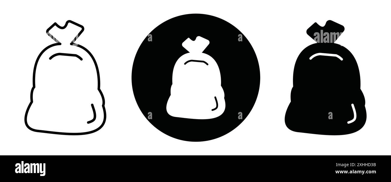 Trash bag icon Black line art vector in black and white outline set ...
