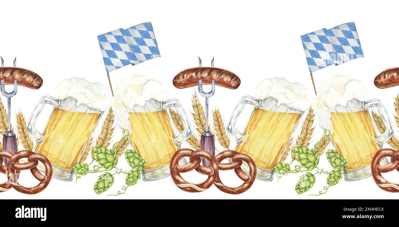 Frothy beer mugs, pretzels, hops, barley, sausages and Bavarian flags ...