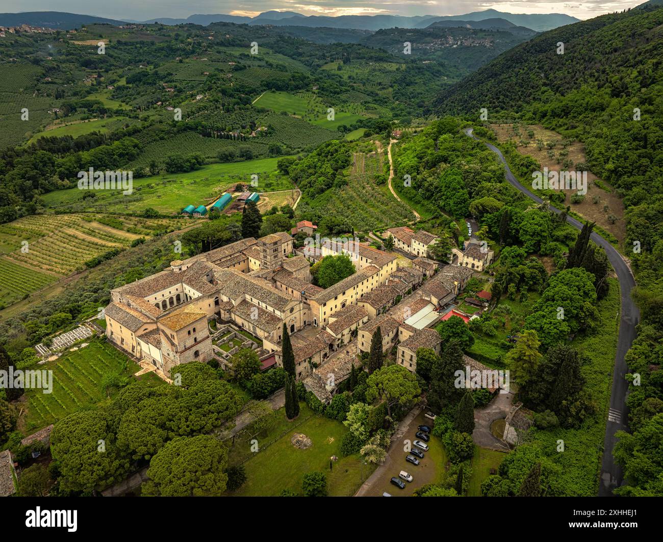 Aerial view of the abbey of Santa Maria di Farfa and the village ...