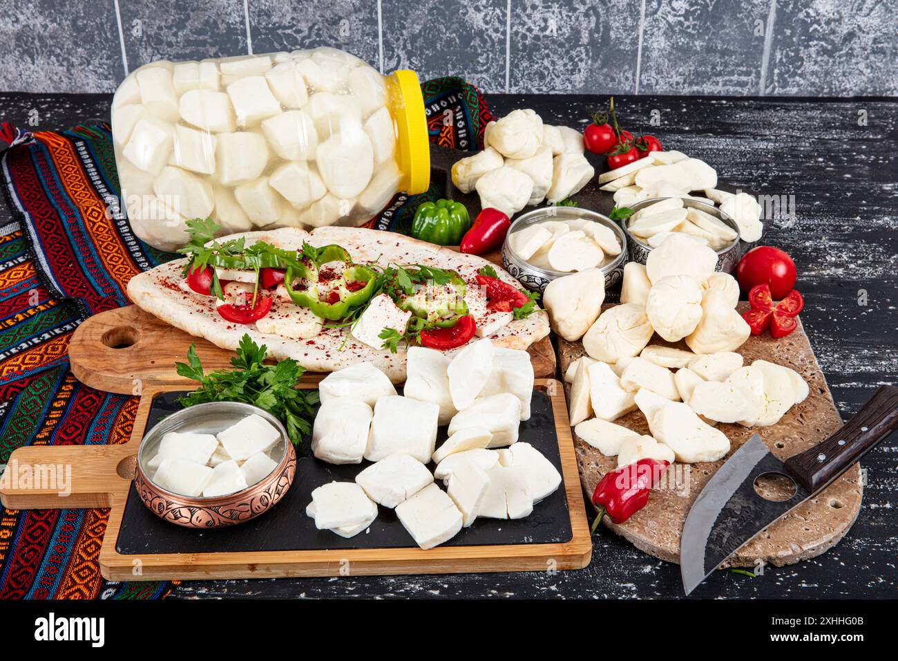 Traditional Turkish Cuisine Cheese types. Cheese exhibition consisting ...