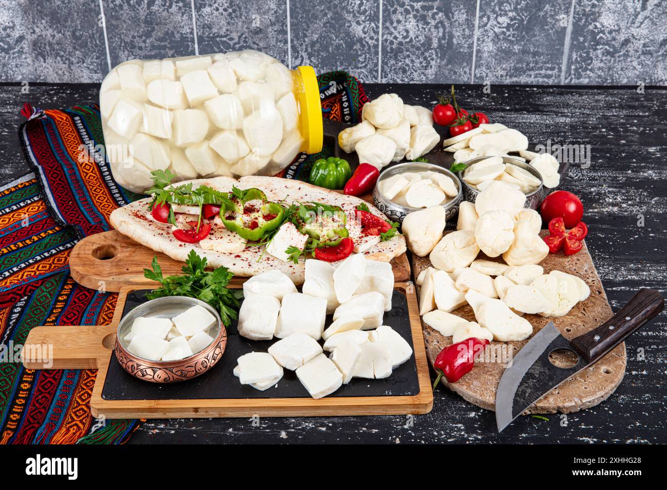 Traditional Turkish Cuisine Cheese types. Cheese exhibition consisting ...