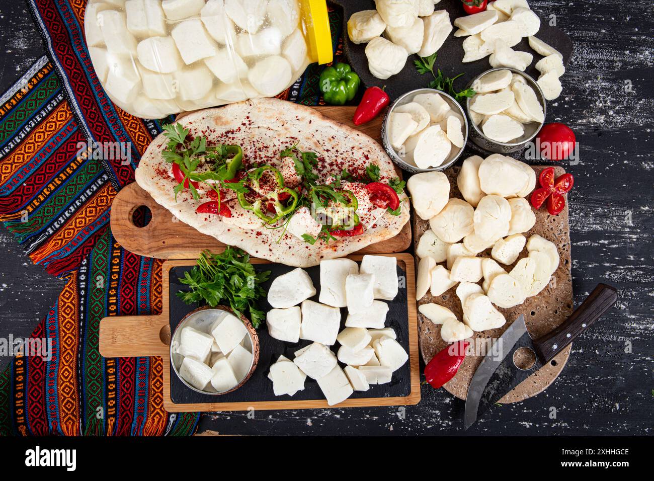 Traditional Turkish Cuisine Cheese types. Cheese exhibition consisting ...