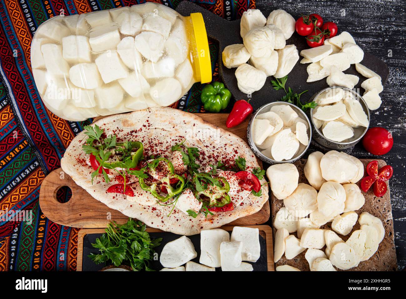 Traditional Turkish Cuisine Cheese types. Cheese exhibition consisting ...