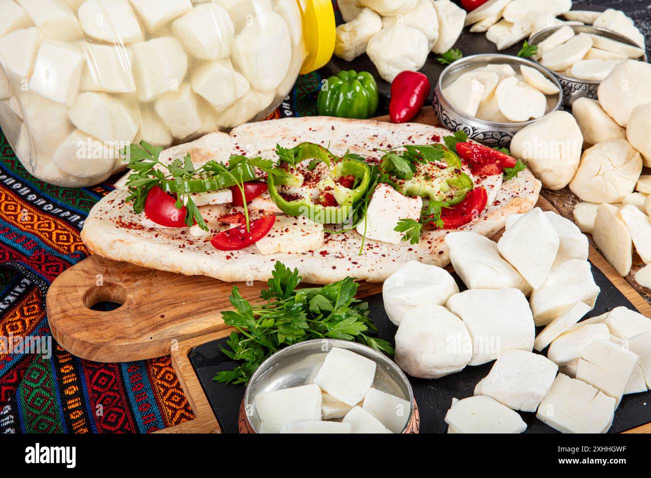 Traditional Turkish Cuisine Cheese types. Cheese exhibition consisting ...