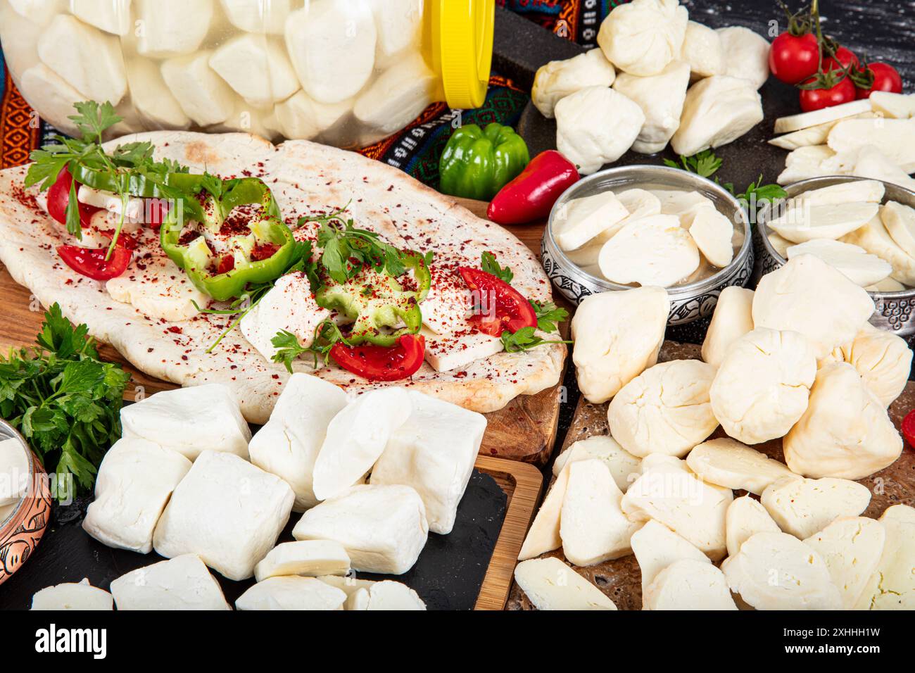 Traditional Turkish Cuisine Cheese types. Cheese exhibition consisting ...
