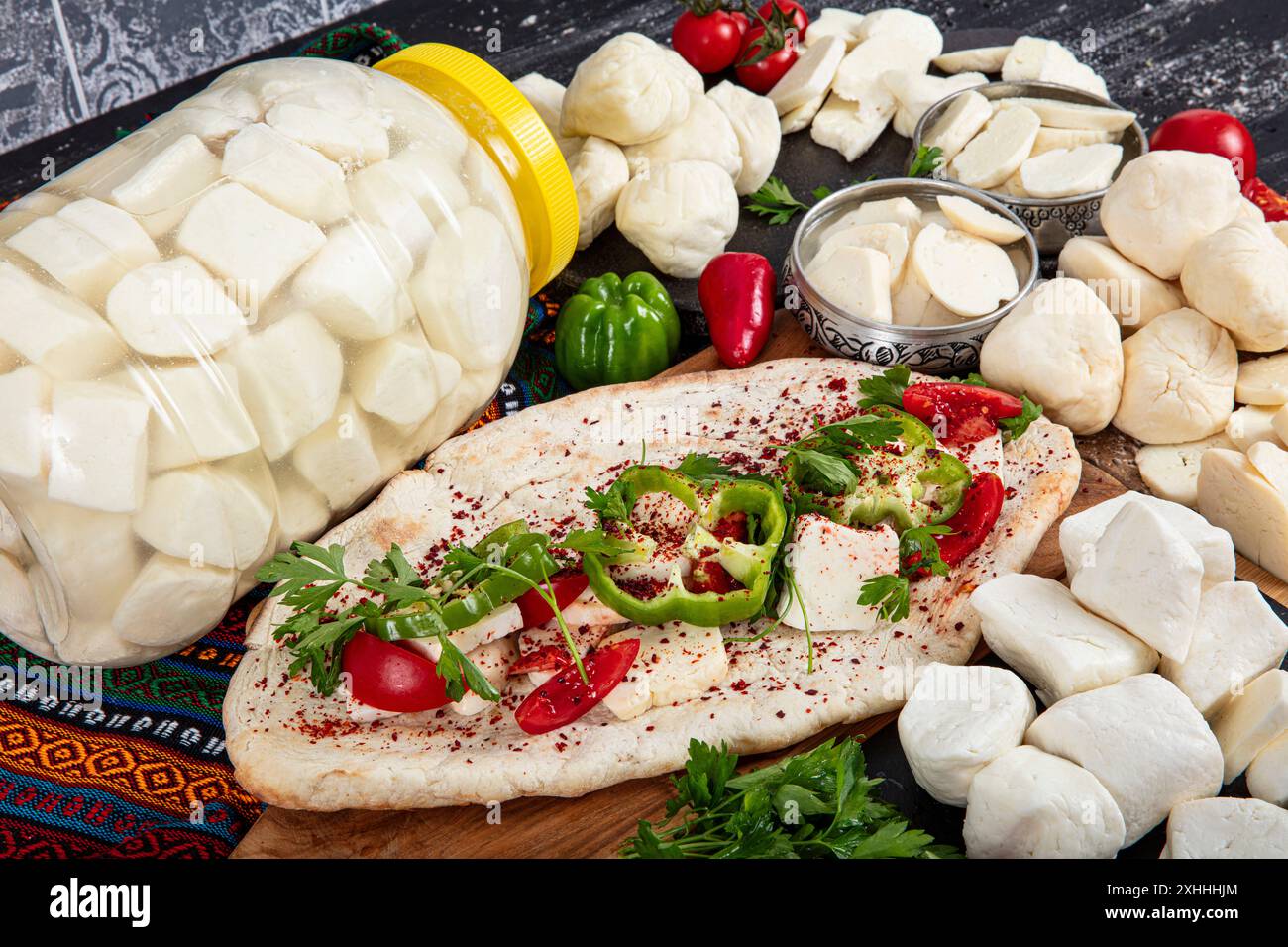Traditional Turkish Cuisine Cheese types. Cheese exhibition consisting ...