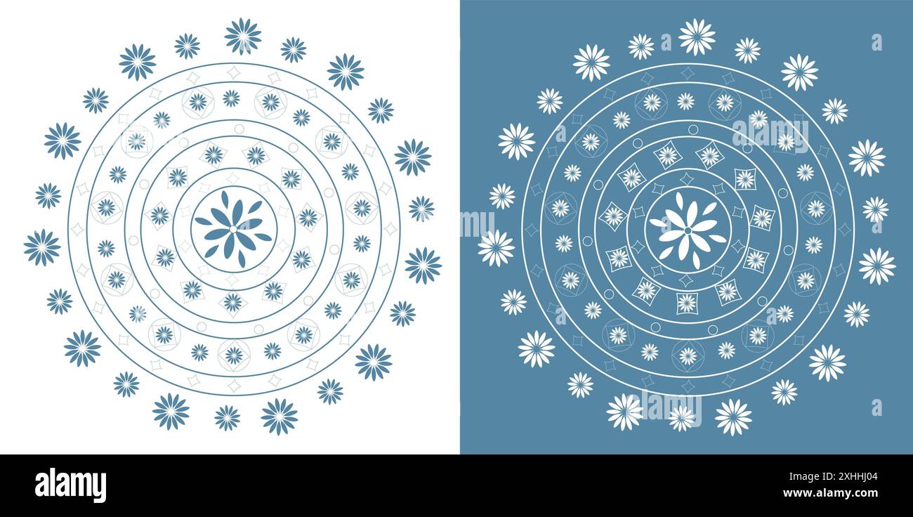 A set of round patterns on a winter theme on white and blue backgrounds ...