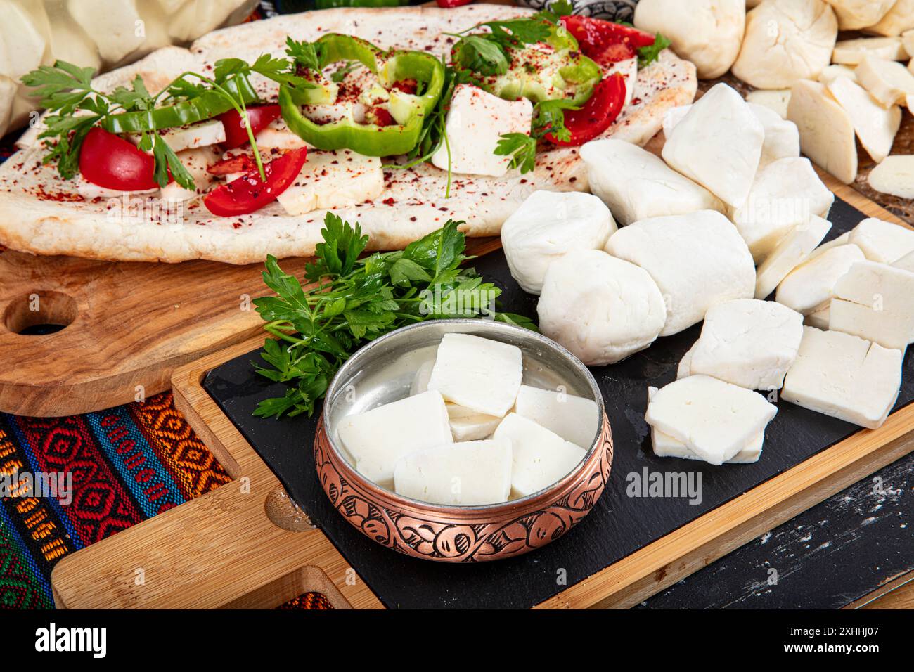 Traditional Turkish Cuisine Cheese types. Cheese exhibition consisting ...