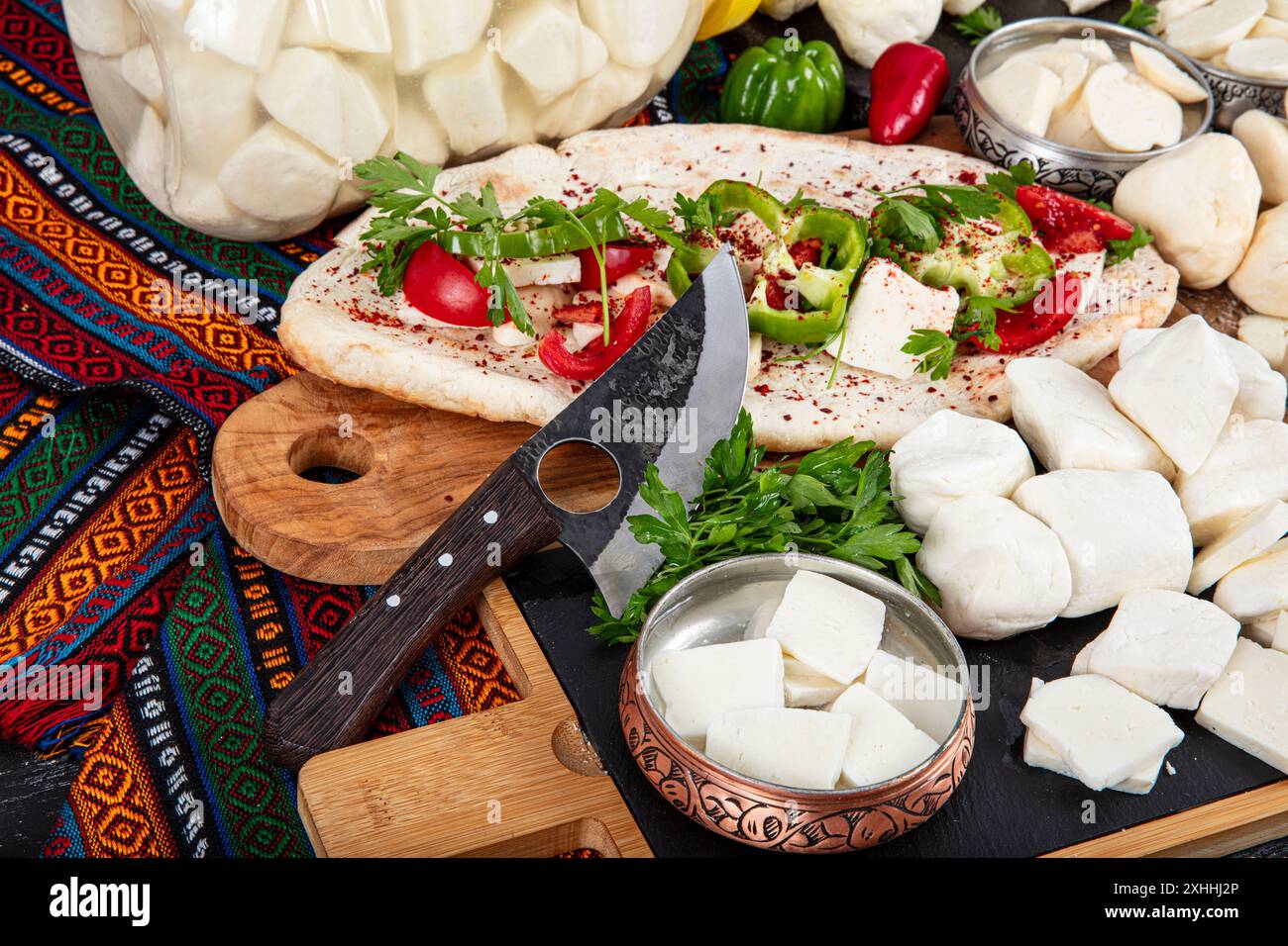 Traditional Turkish Cuisine Cheese types. Cheese exhibition consisting ...