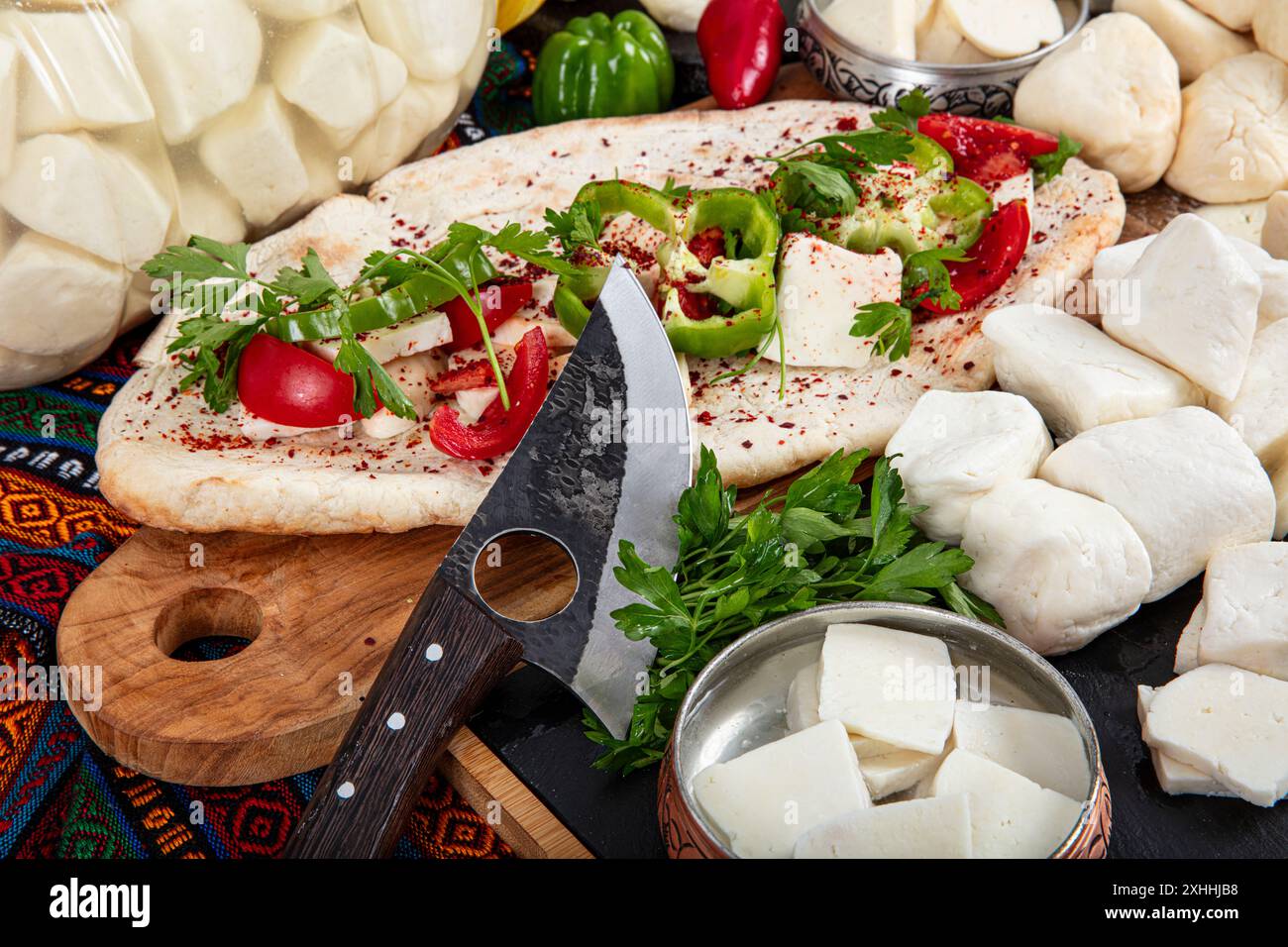 Traditional Turkish Cuisine Cheese types. Cheese exhibition consisting ...