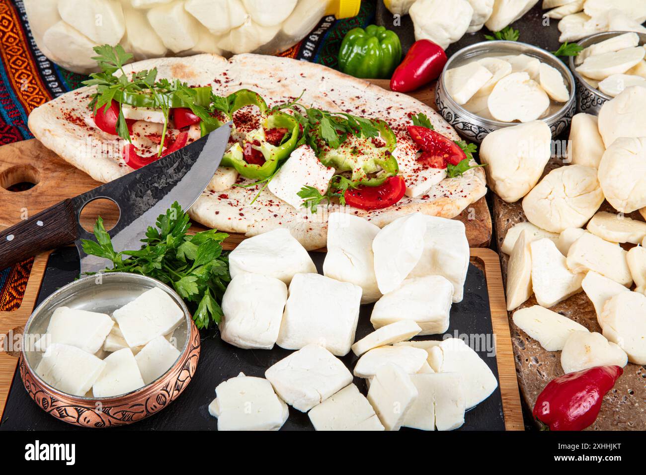 Traditional Turkish Cuisine Cheese types. Cheese exhibition consisting ...
