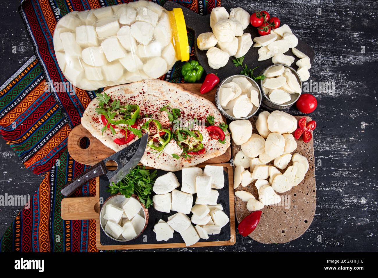 Traditional Turkish Cuisine Cheese types. Cheese exhibition consisting ...