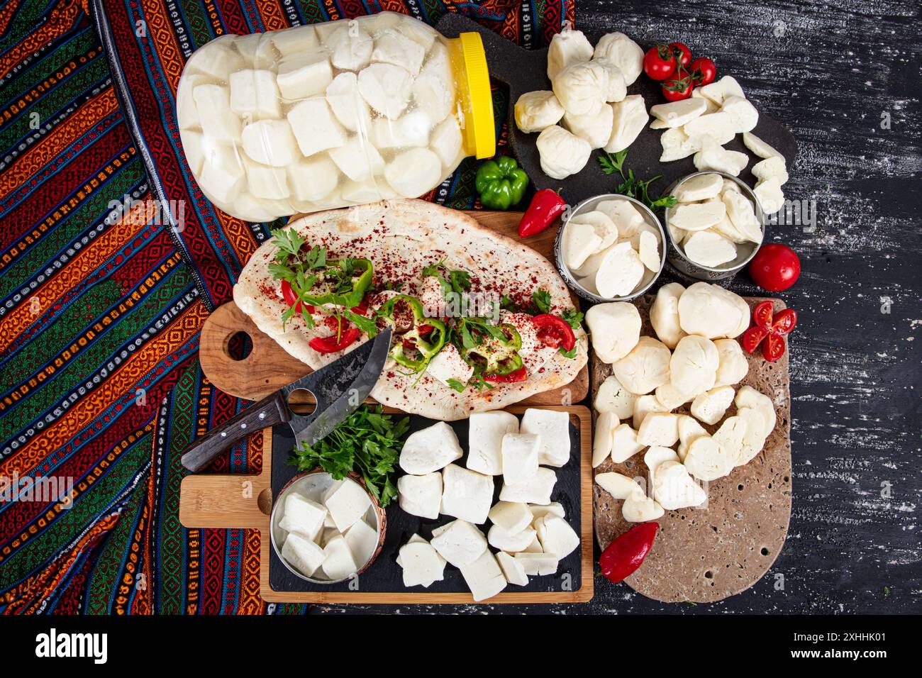 Traditional Turkish Cuisine Cheese types. Cheese exhibition consisting ...