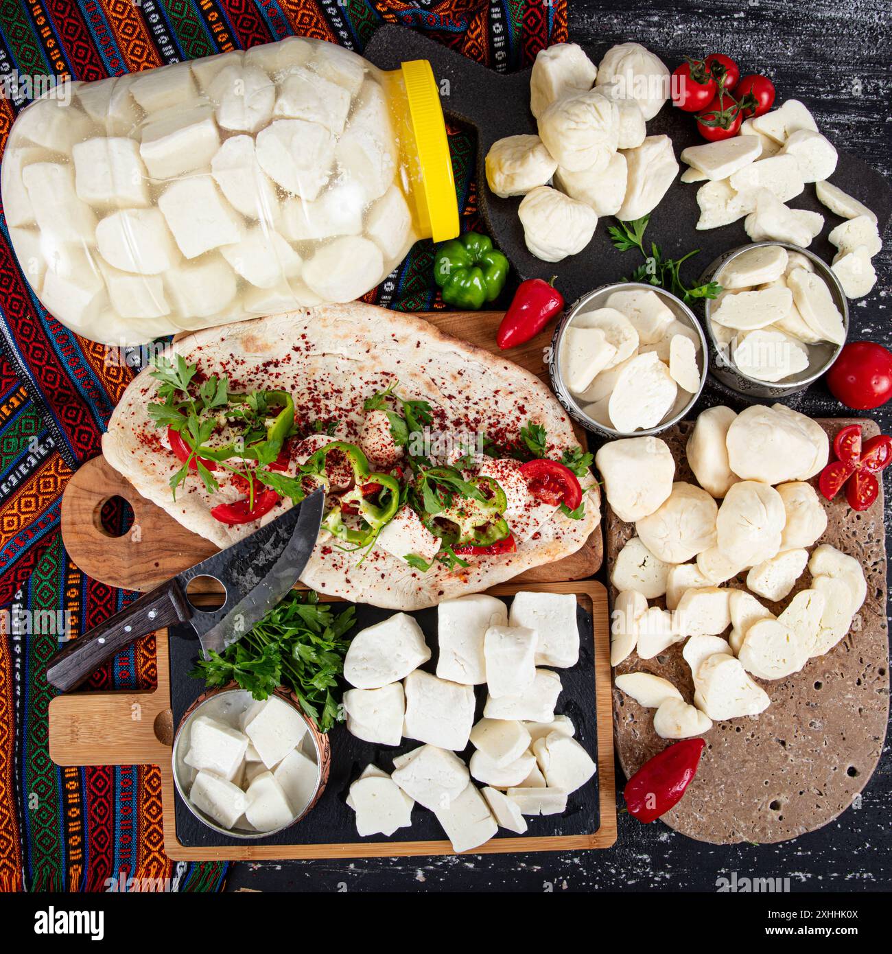 Traditional Turkish Cuisine Cheese types. Cheese exhibition consisting ...