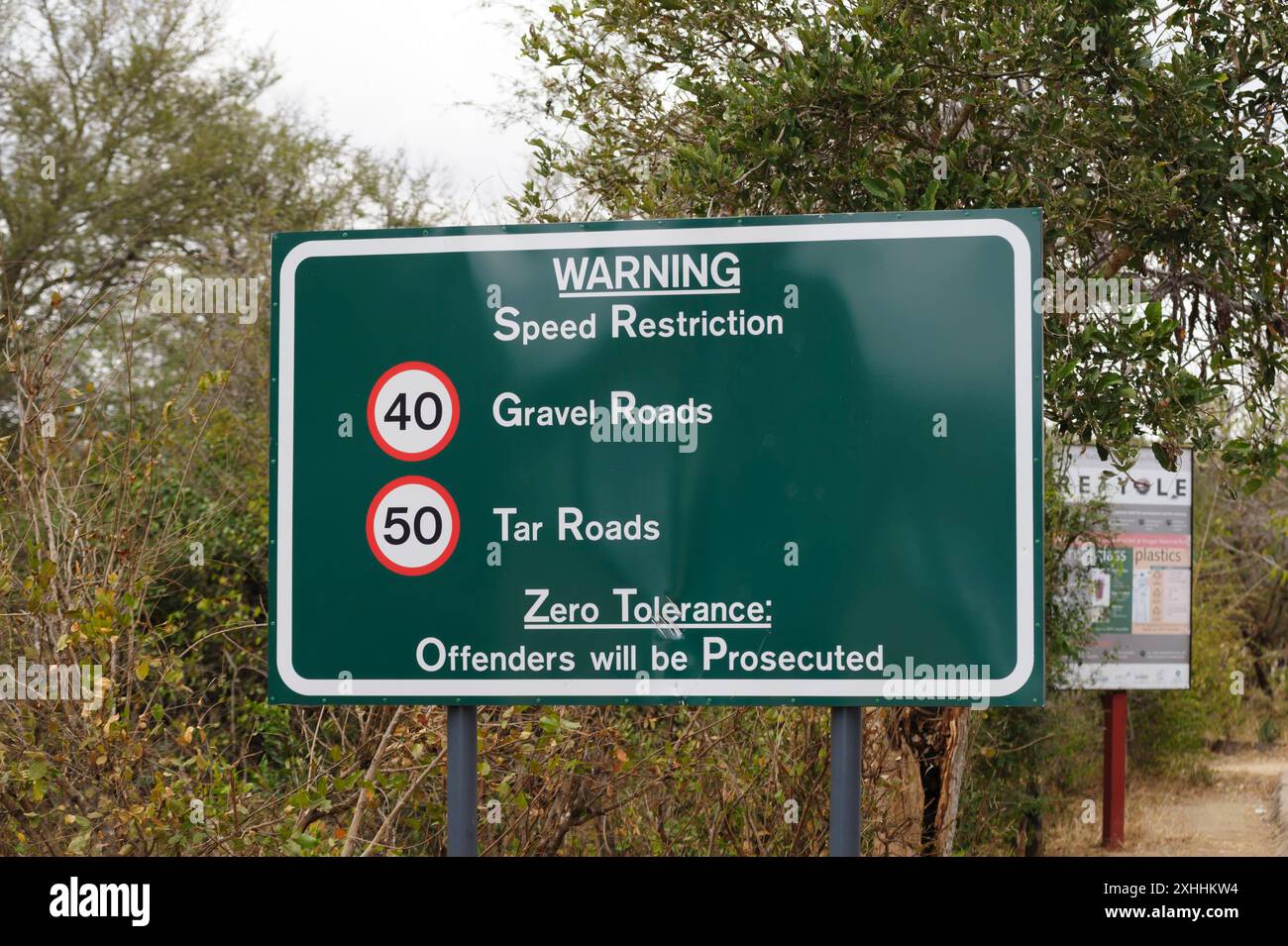 Road sign showing speed limits at the entrance of Kruger National Park ...