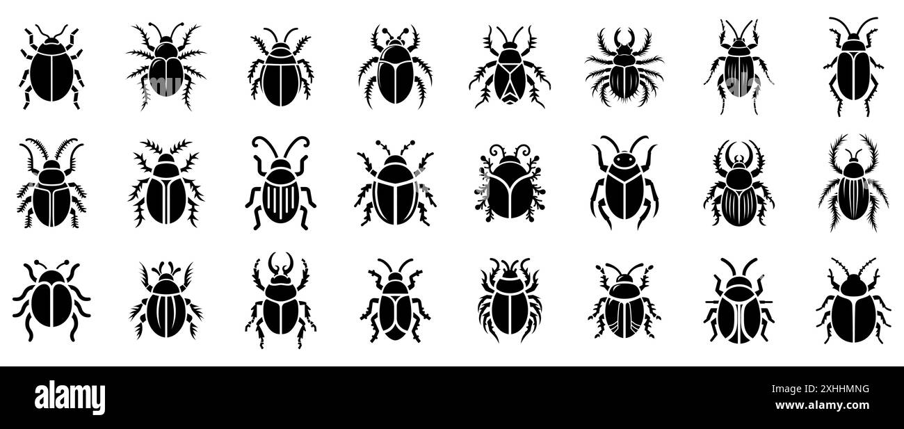 Beetle icons set. Set of simple black silhouettes of different beetles ...