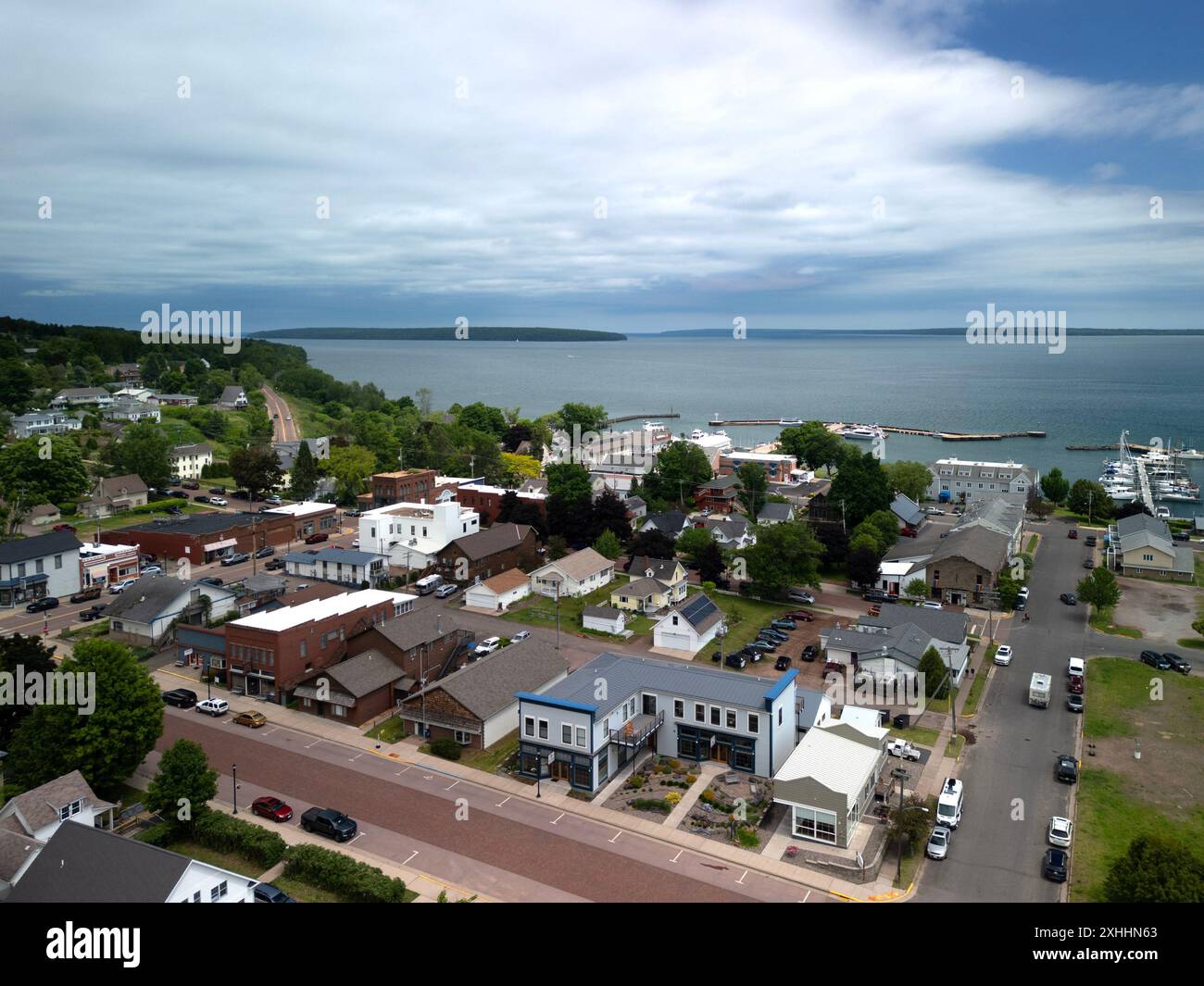Aerial view over the town of Bayfield, Wisconsin in the summer with ...
