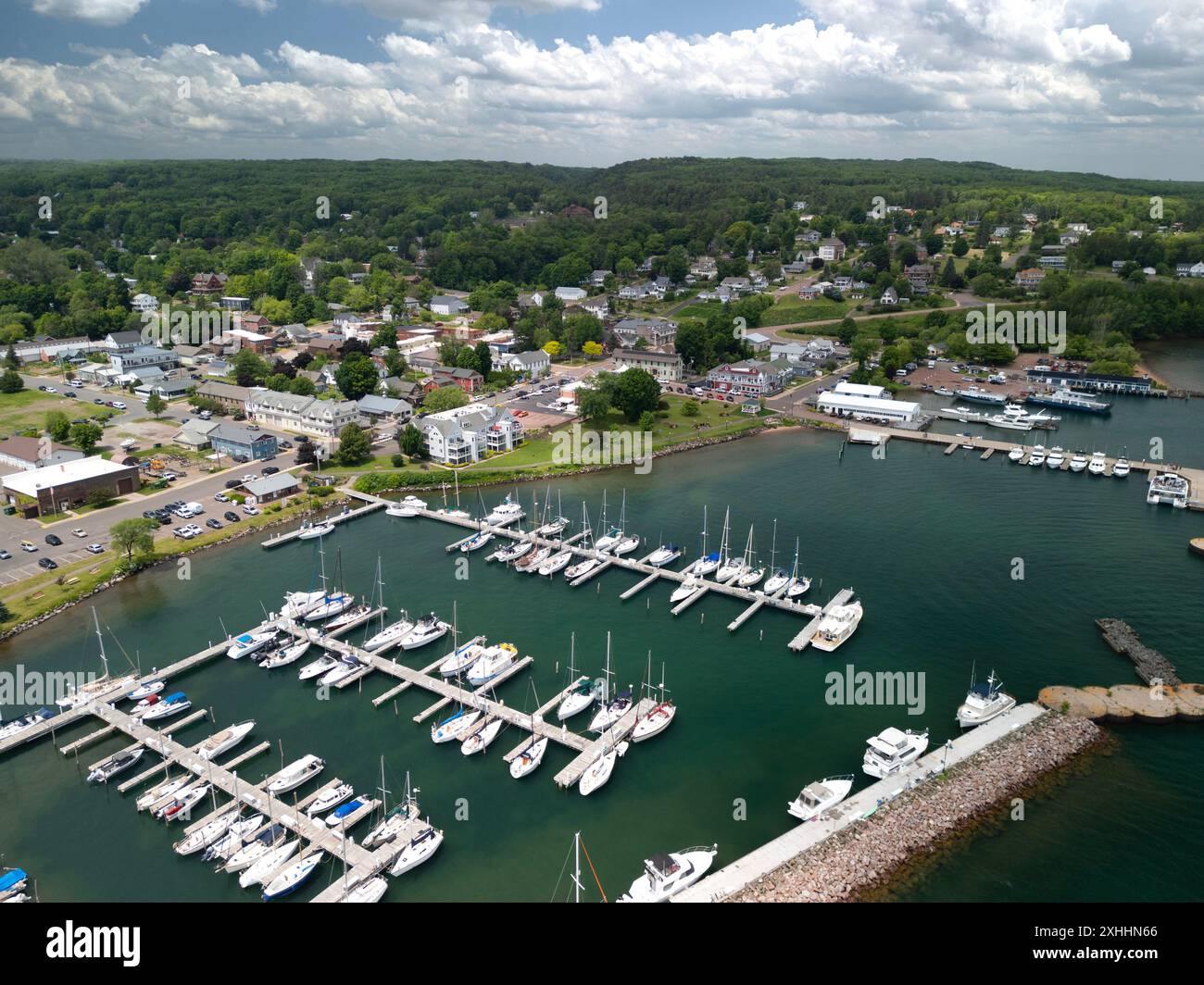 Aerial view of marina and town of Bayfield, Wisconsin on the shore of ...