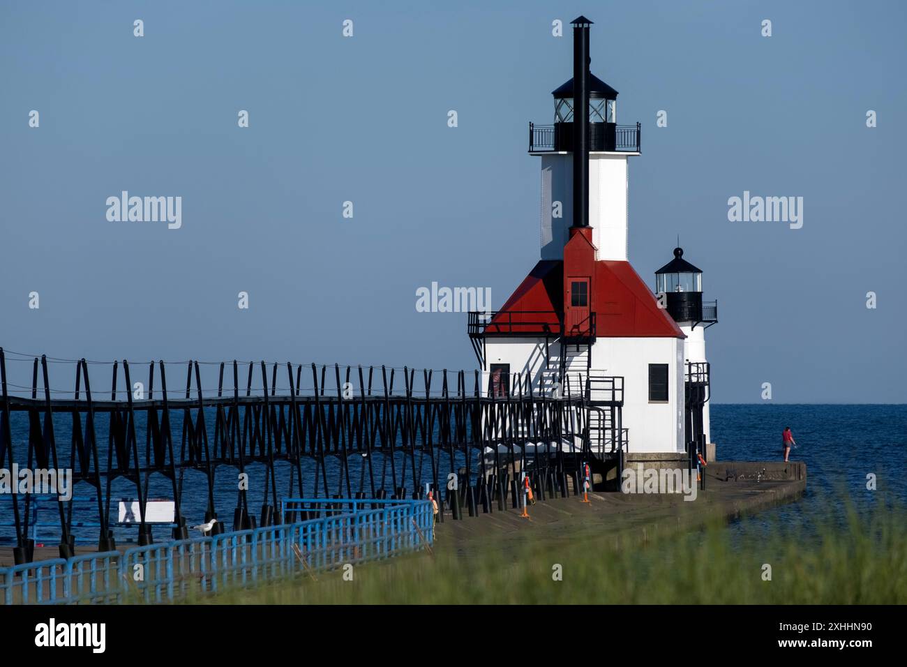 View of the Saint Joseph north pier lighthouse on Lake Michigan on a ...