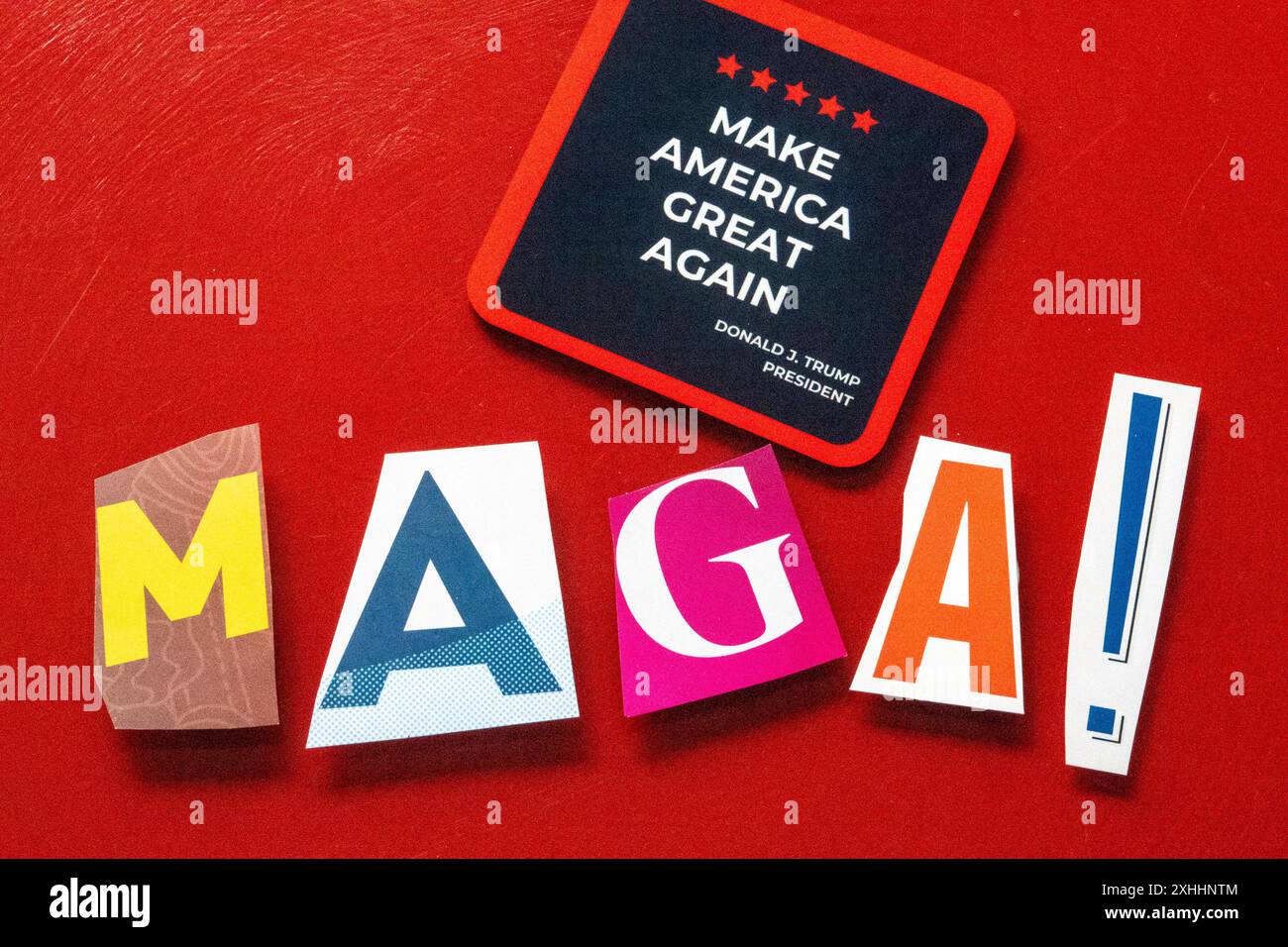 The Slogan "MAGA" using cut-out paper letters in the ransom note effect ...