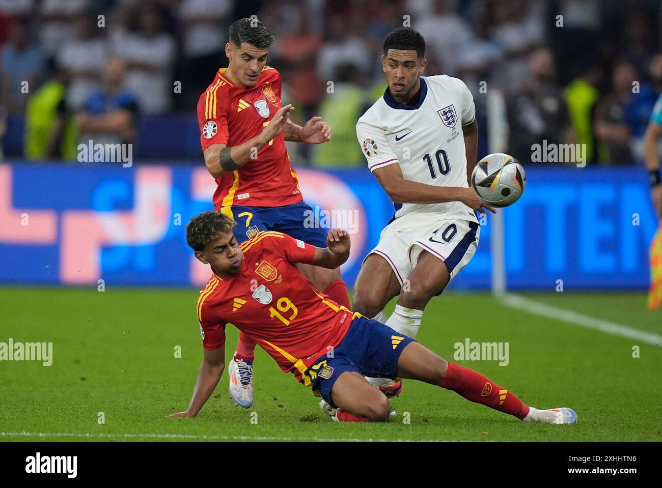 From left, Spain's Lamine Yamal, Spain's Alvaro Morata and England's ...