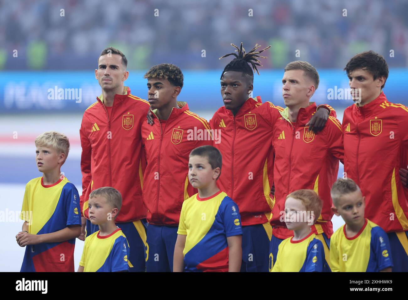 Berlin, Germany. 14th July, 2024. Starting players of Spain line up ...
